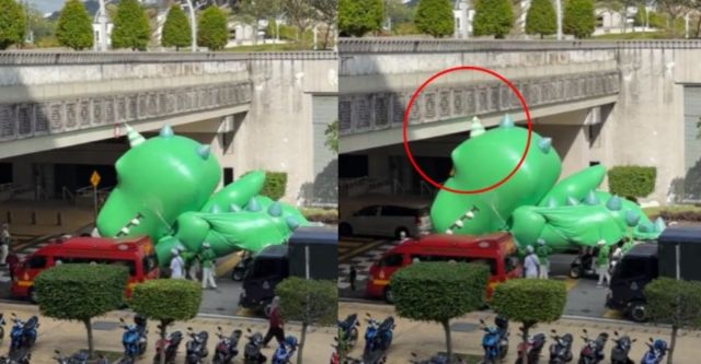 Kepala maskot Maxis Dino sangkut mujur tak runtuh jambatan, seloroh netizen